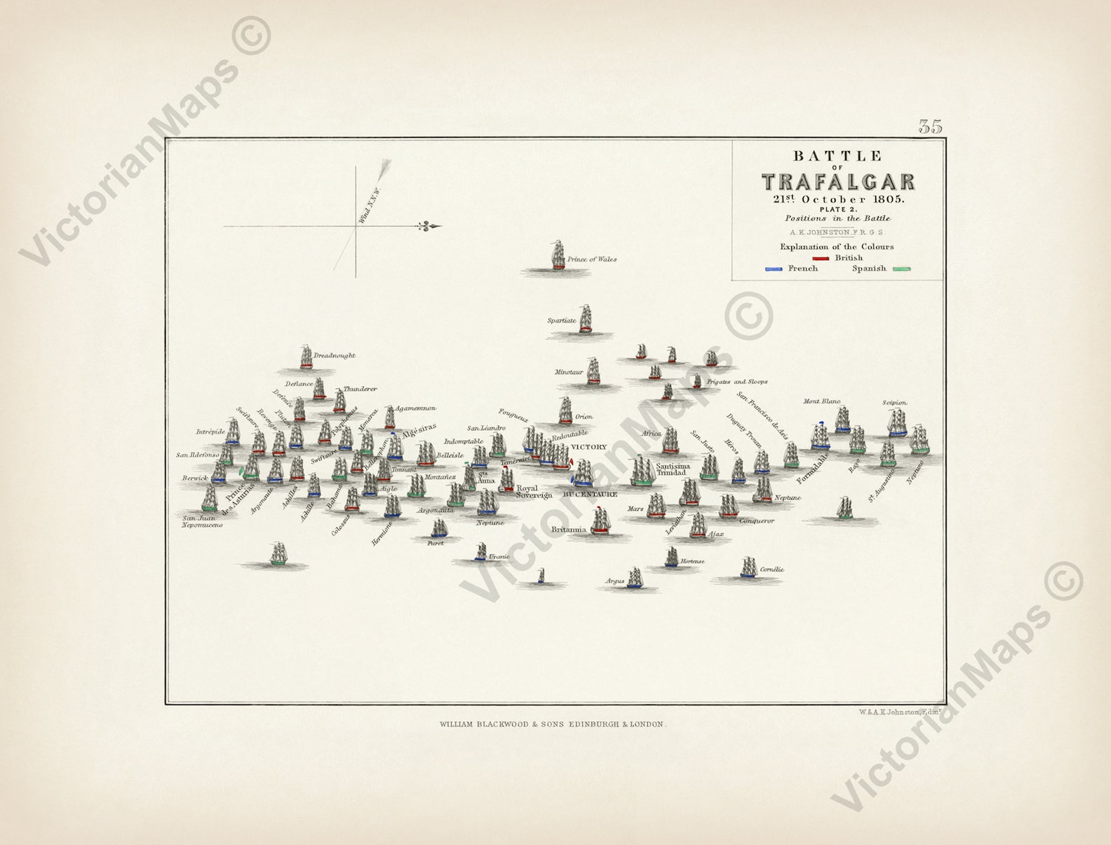 Battle of Trafalgar 1805 Plate 2 antique Victorian plan A Johnston ...