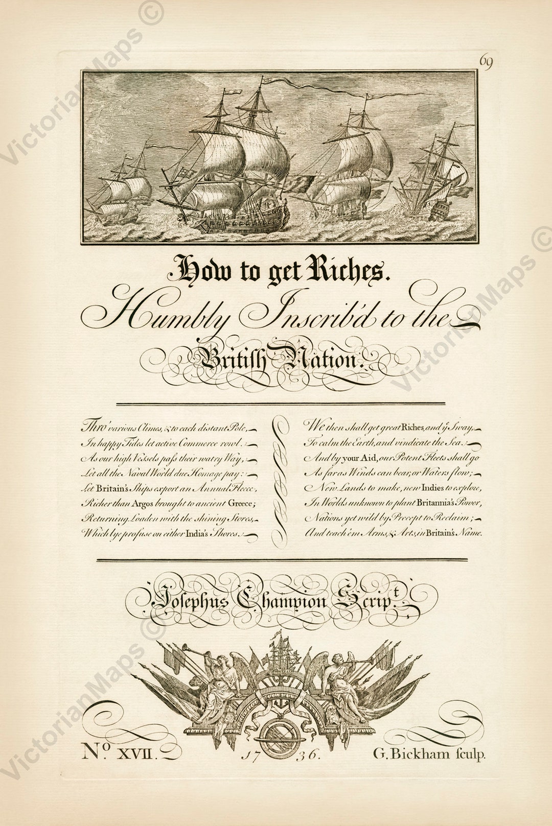 How to Get Riches British Nation Antique Inspirational Engraving ...