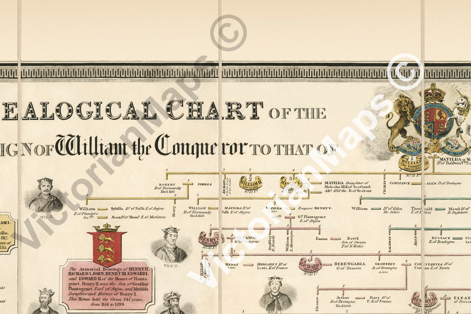Antique Genealogical Chart Kings & Queens of England William to ...