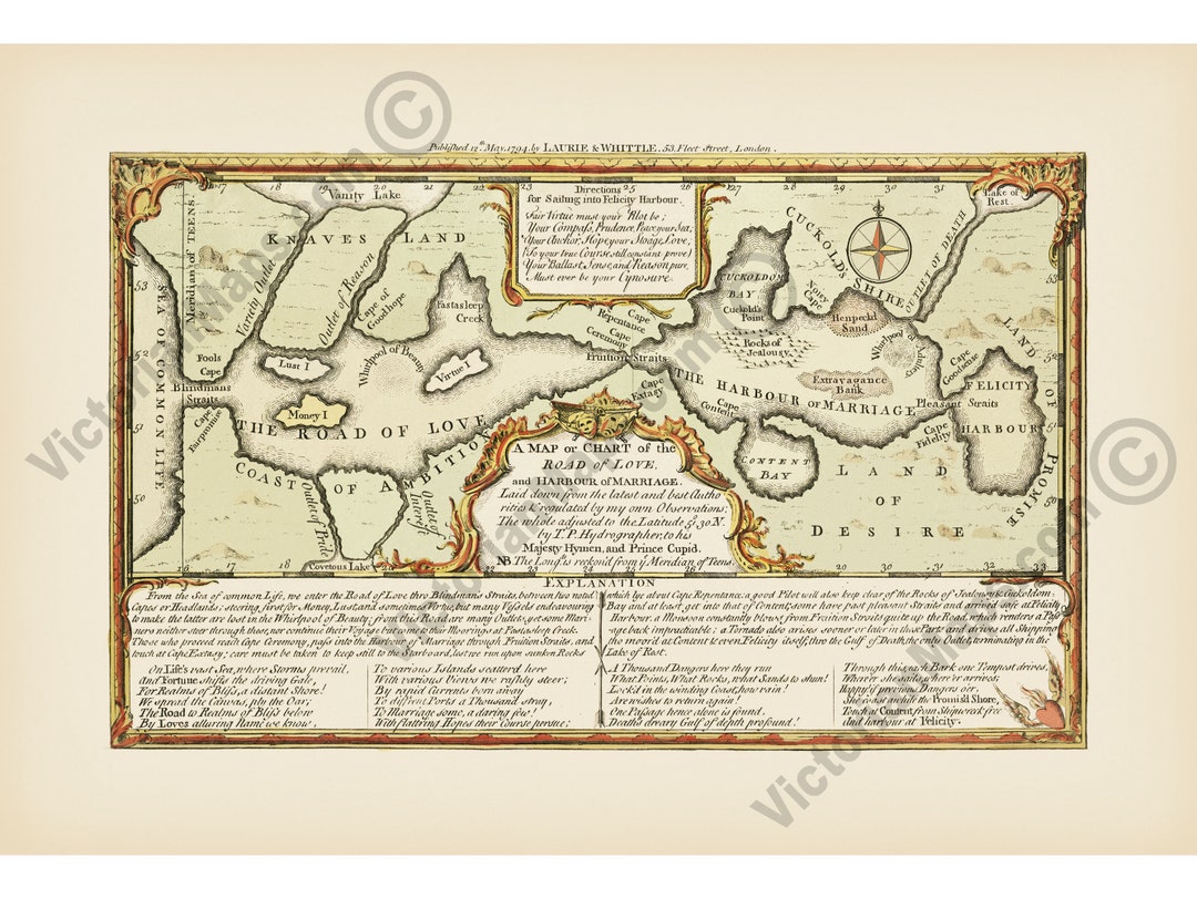 Antique Map Road of Love Art Print Wall Decor Poster Harbour of ...