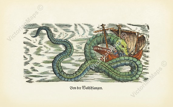 Giant Sea Serpent monster snake attacks ship antique woodcut | Etsy