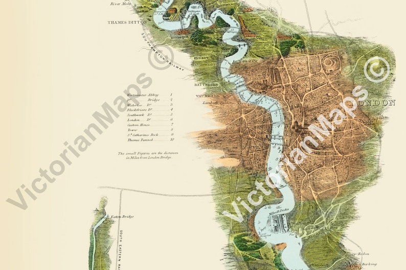 Tombleson's Panoramic Map River Thames & Medway Old Antique Victorian ...