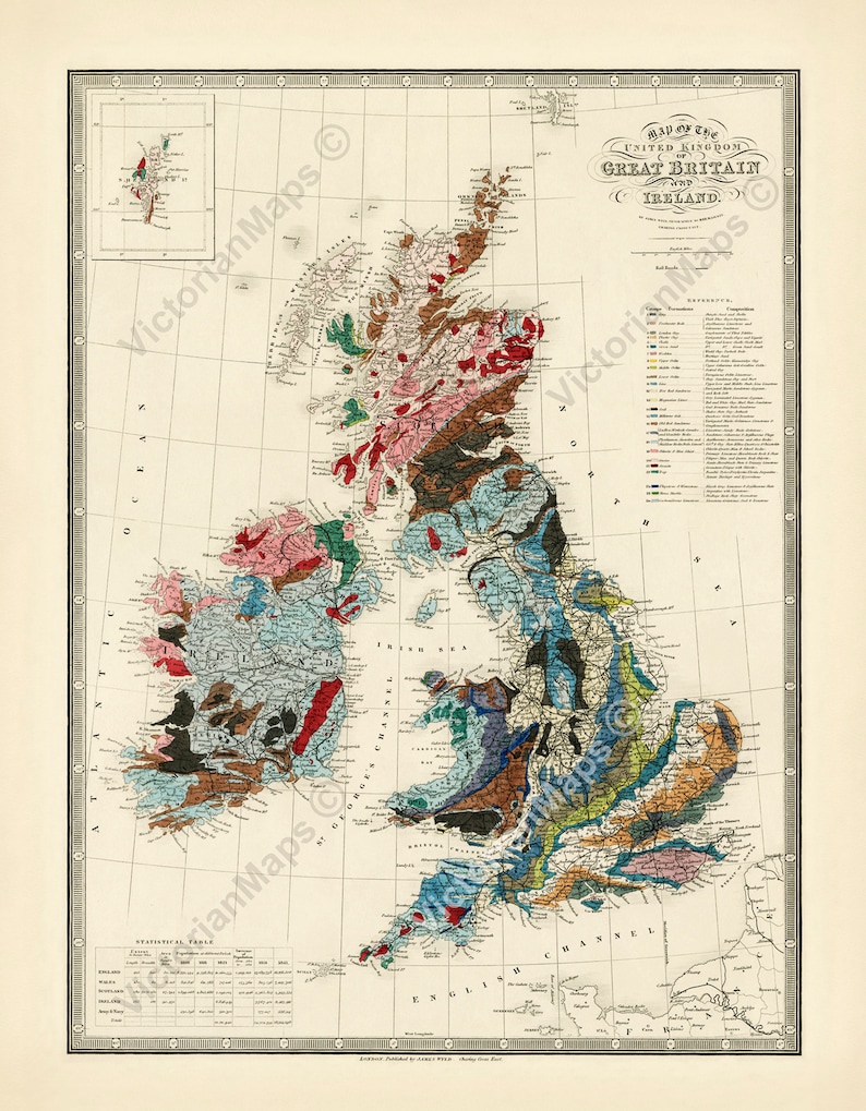 Old Antique Victorian Geological Map the UK Great Britain & Ireland ...