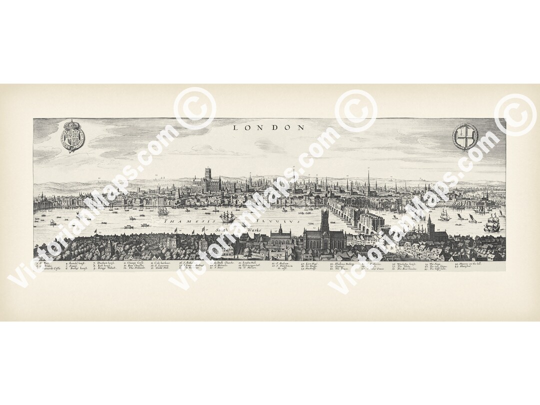 River Thames Old London Bridge Antique Historical Map Early Plan Guide ...