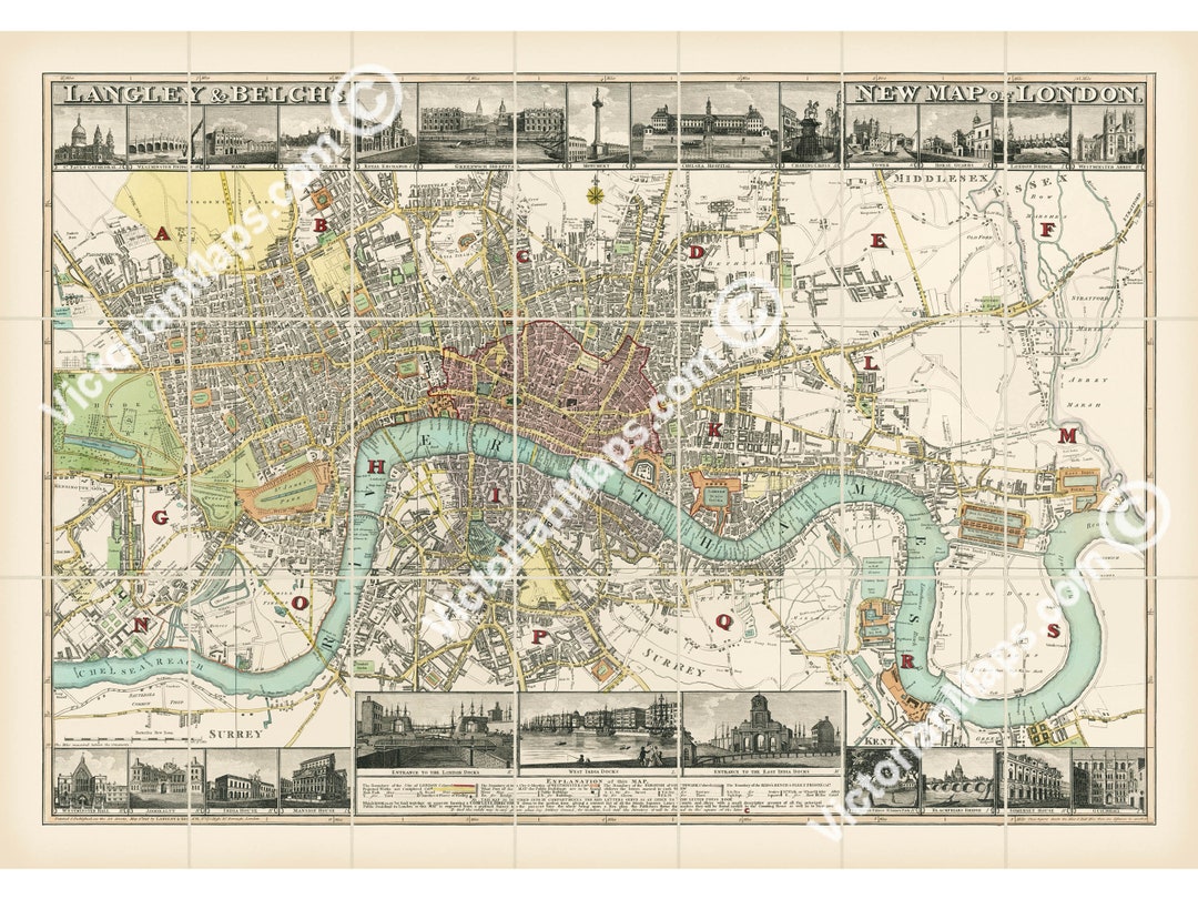 New Map of London Old Antique Pictorial Landmarks Georgian Plan Langley ...