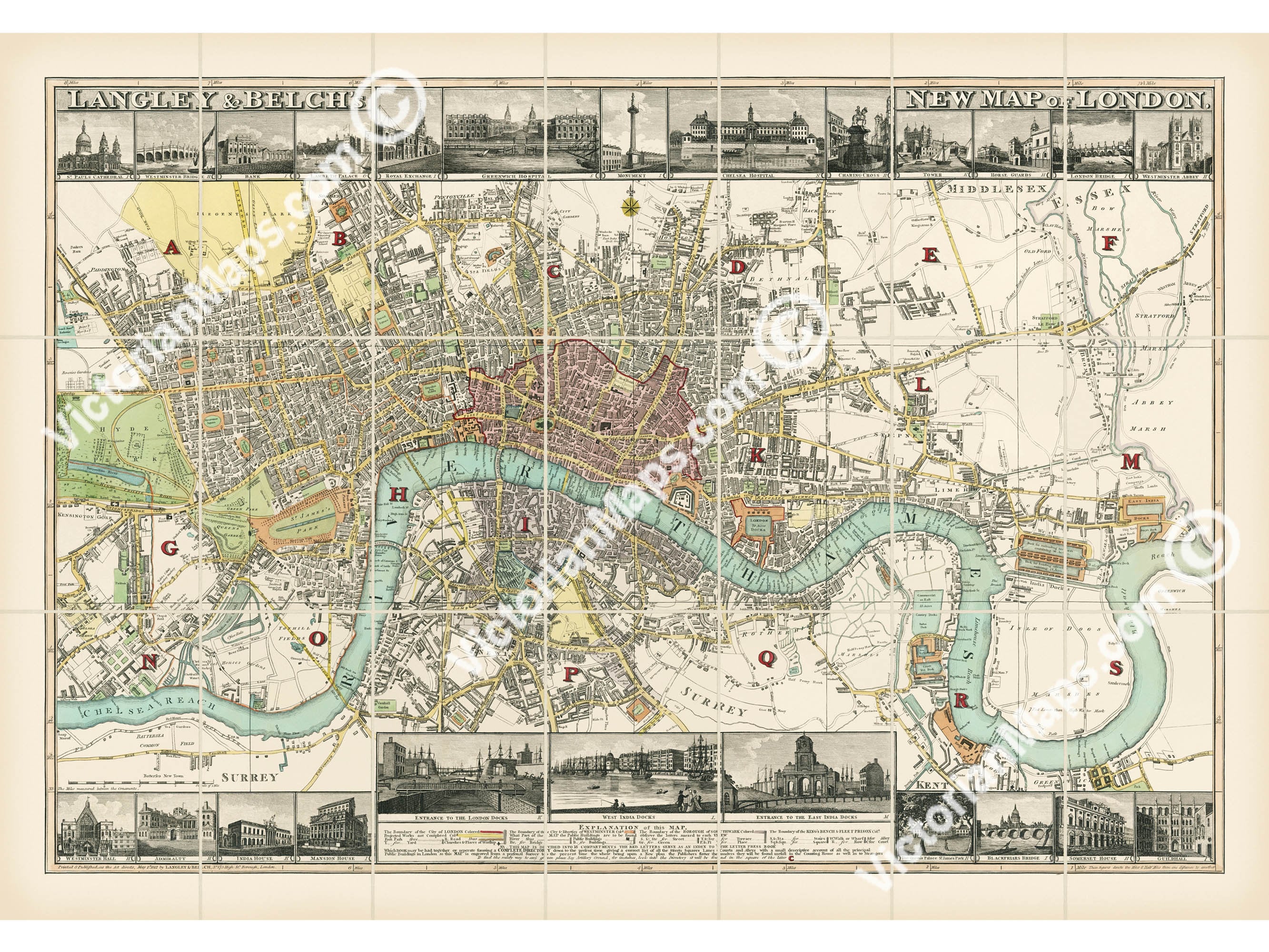 New Map of London Old Antique Pictorial Landmarks Georgian Plan Langley ...