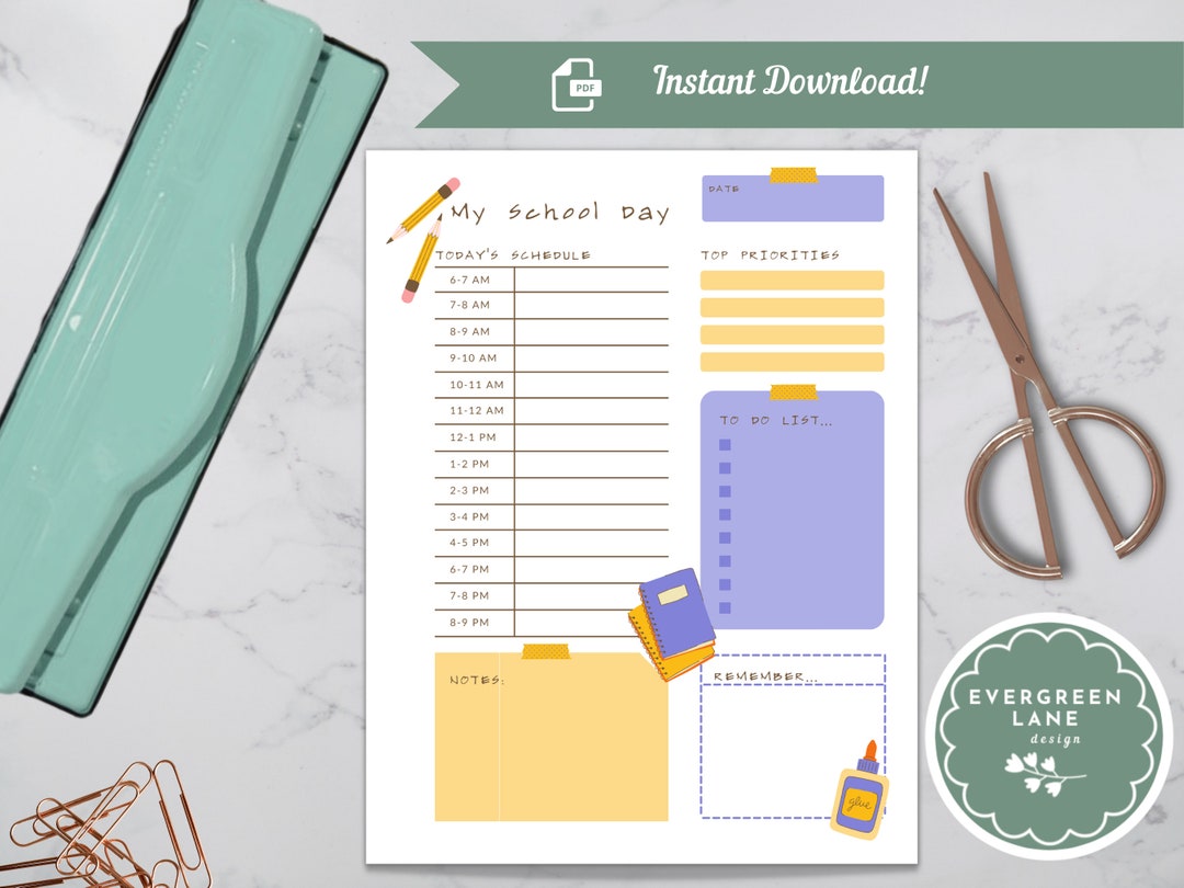 School Day Daily Planner Sheet Back to School Design Daily Organizer ...