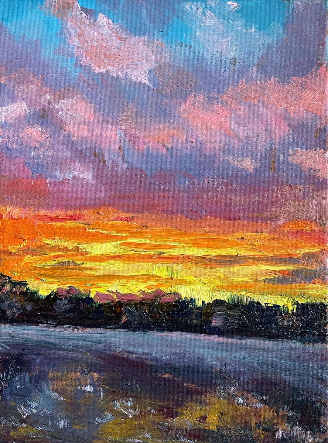 Midwest Sunset Oil Painting, Vibrant Rural Landscape, Colorful Sky Wall ...
