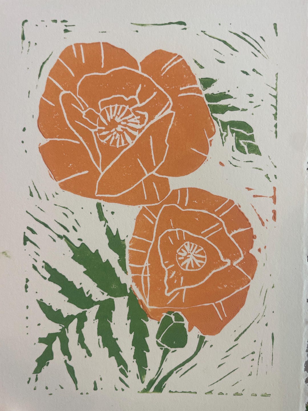 Peach Poppy Linocut Print 5x7 – Hand-pulled Botanical Wall Art Signed ...