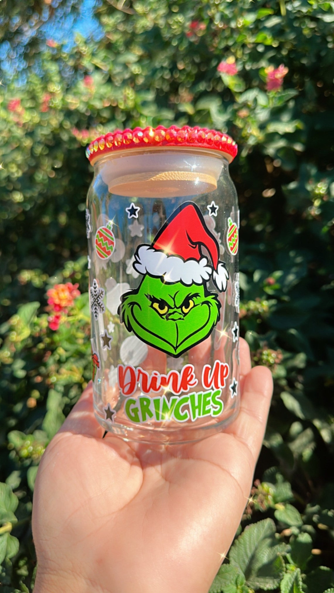 Grinch Glass Cup| Glass Can | Libbey Glass | Bling Lid |rhinestone Lid ...
