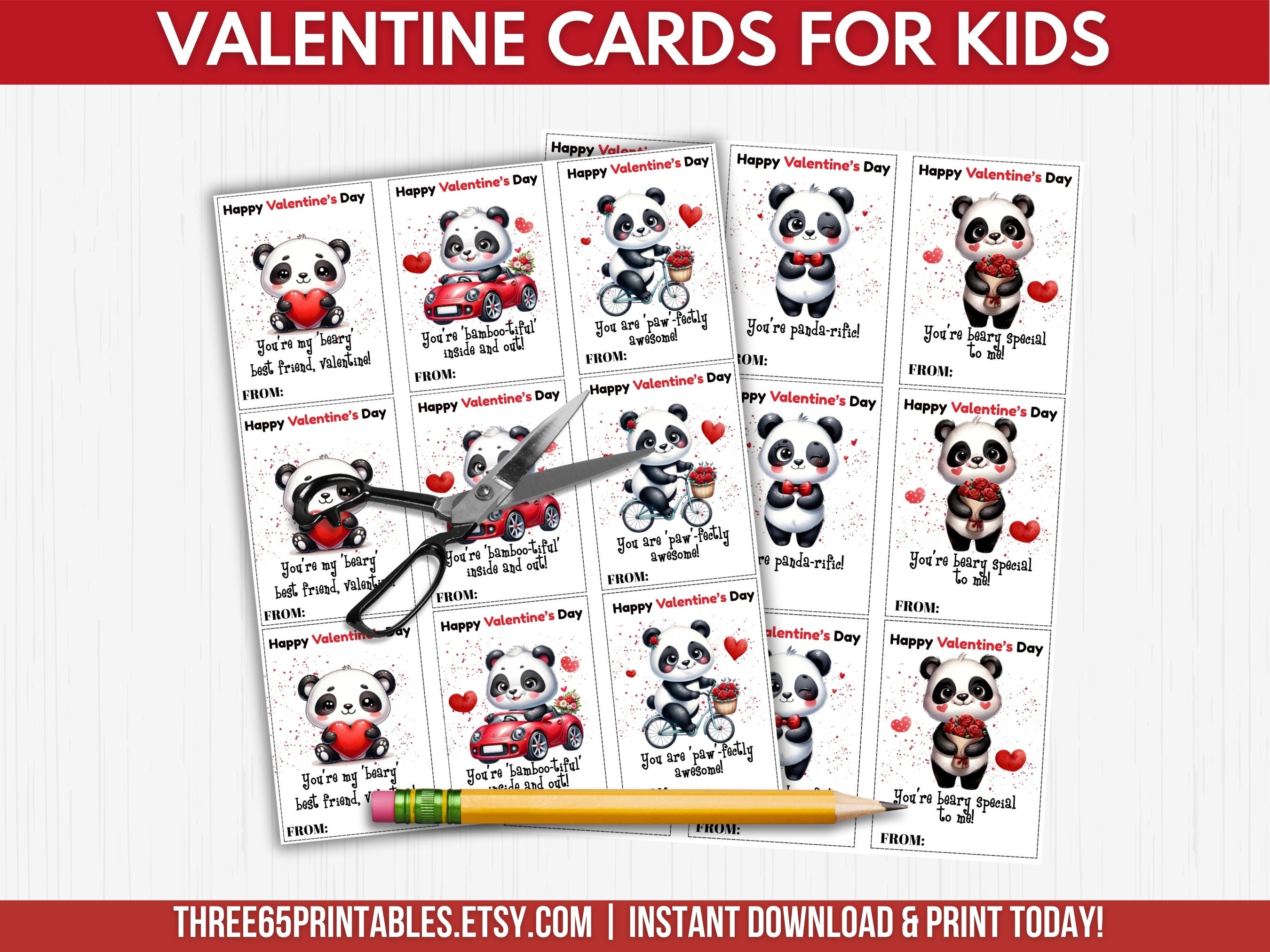 Valentine Cards for Kids Printable, Kids Panda Valentine Cards, School ...