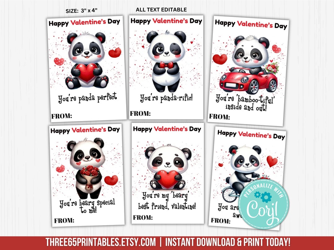 Valentine Cards for Kids Printable, Kids Panda Valentine Cards, School ...