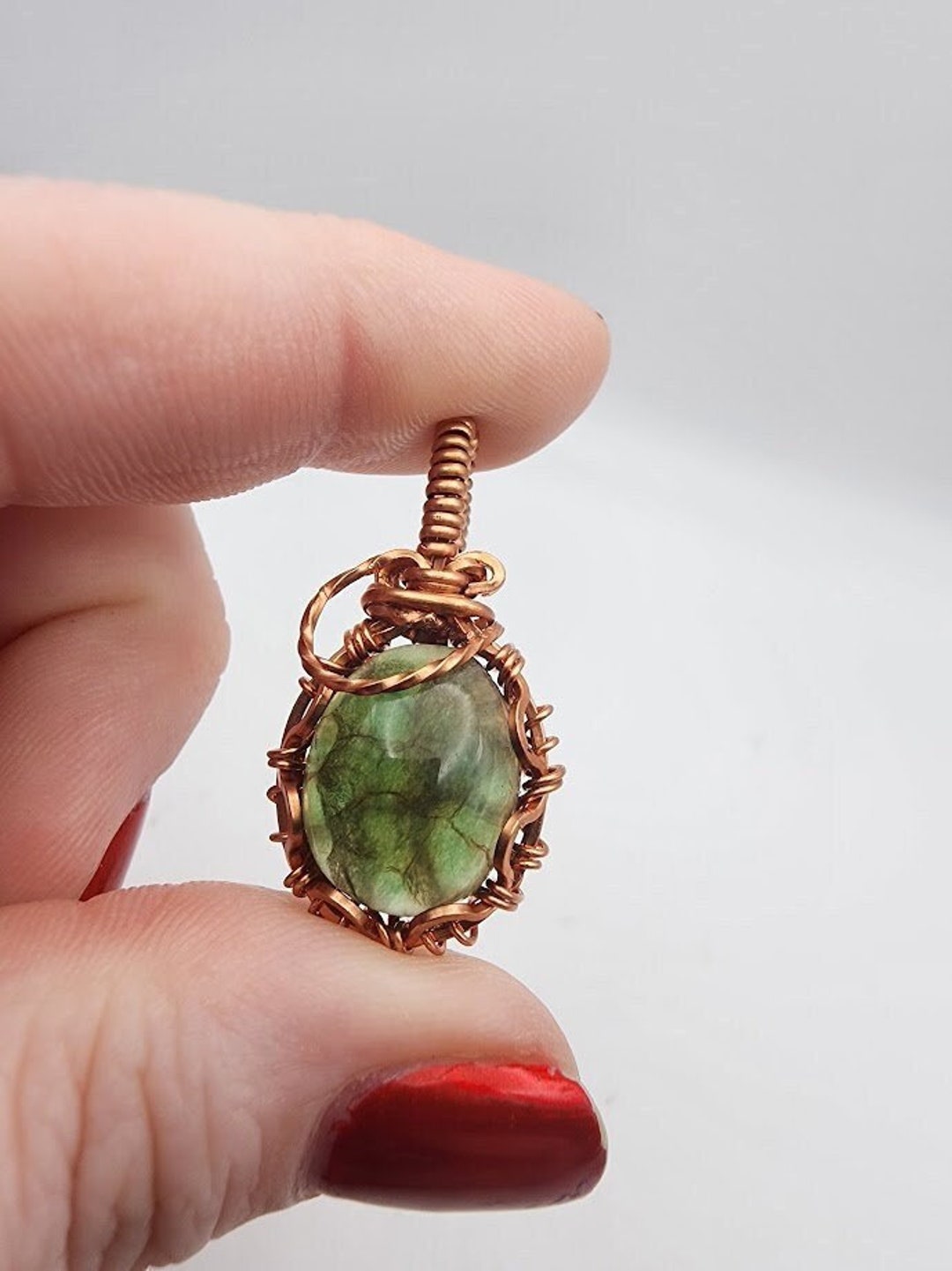 Mini Oval Green Fluorite Pendant | Copper Wire Wrapped Pendant | Cold ...
