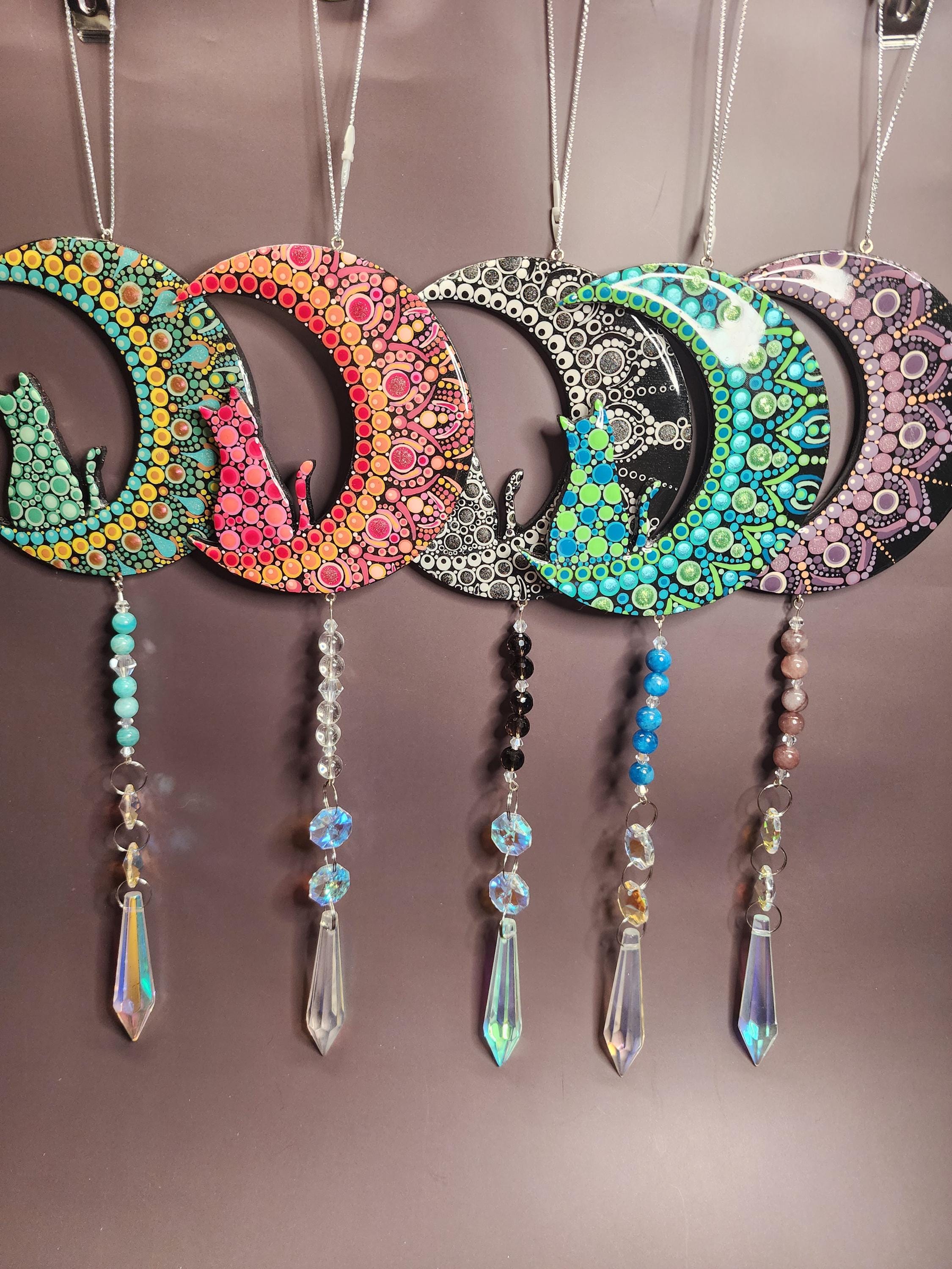 YOU PICK | Hand Painted Mandala Cat Moon Suncatcher With Natural ...