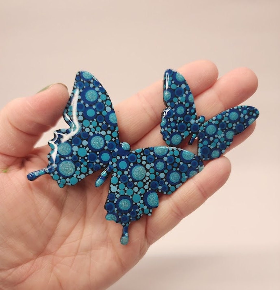 Hand Painted Dot Art Blue Butterfly Magnet Set 2 Magnet Set Imperfect ...