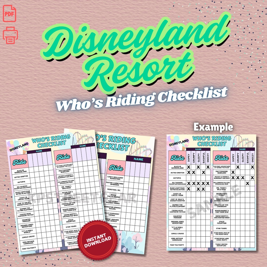 Disneyland Resort Ride Checklist Planner Printable PDF Download Disney ...