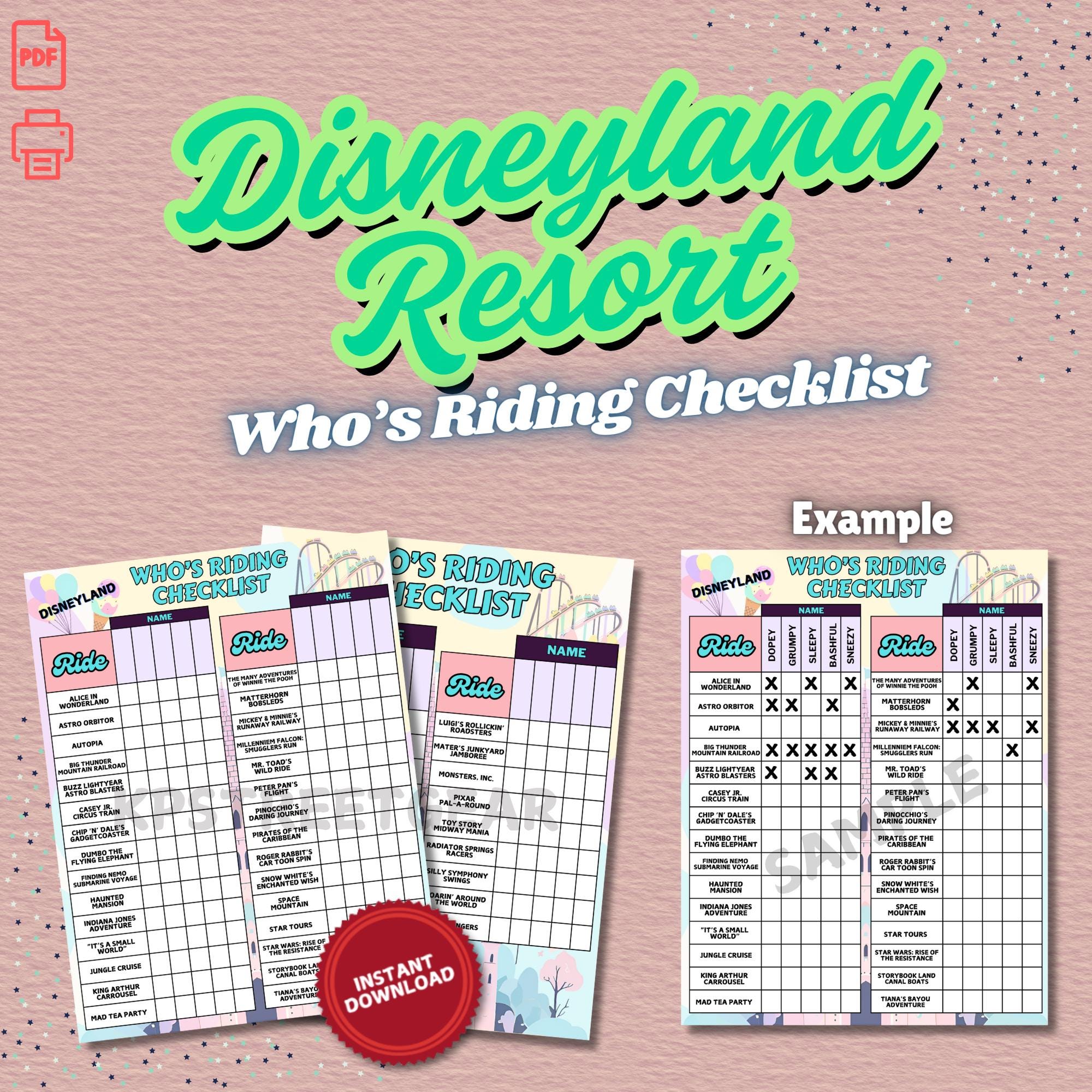 Disneyland Resort Ride Checklist Planner Printable PDF Download Disney ...