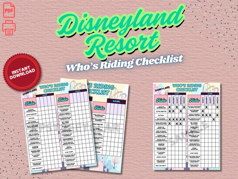 Disneyland Resort Ride Checklist Planner Printable PDF Download Disney ...