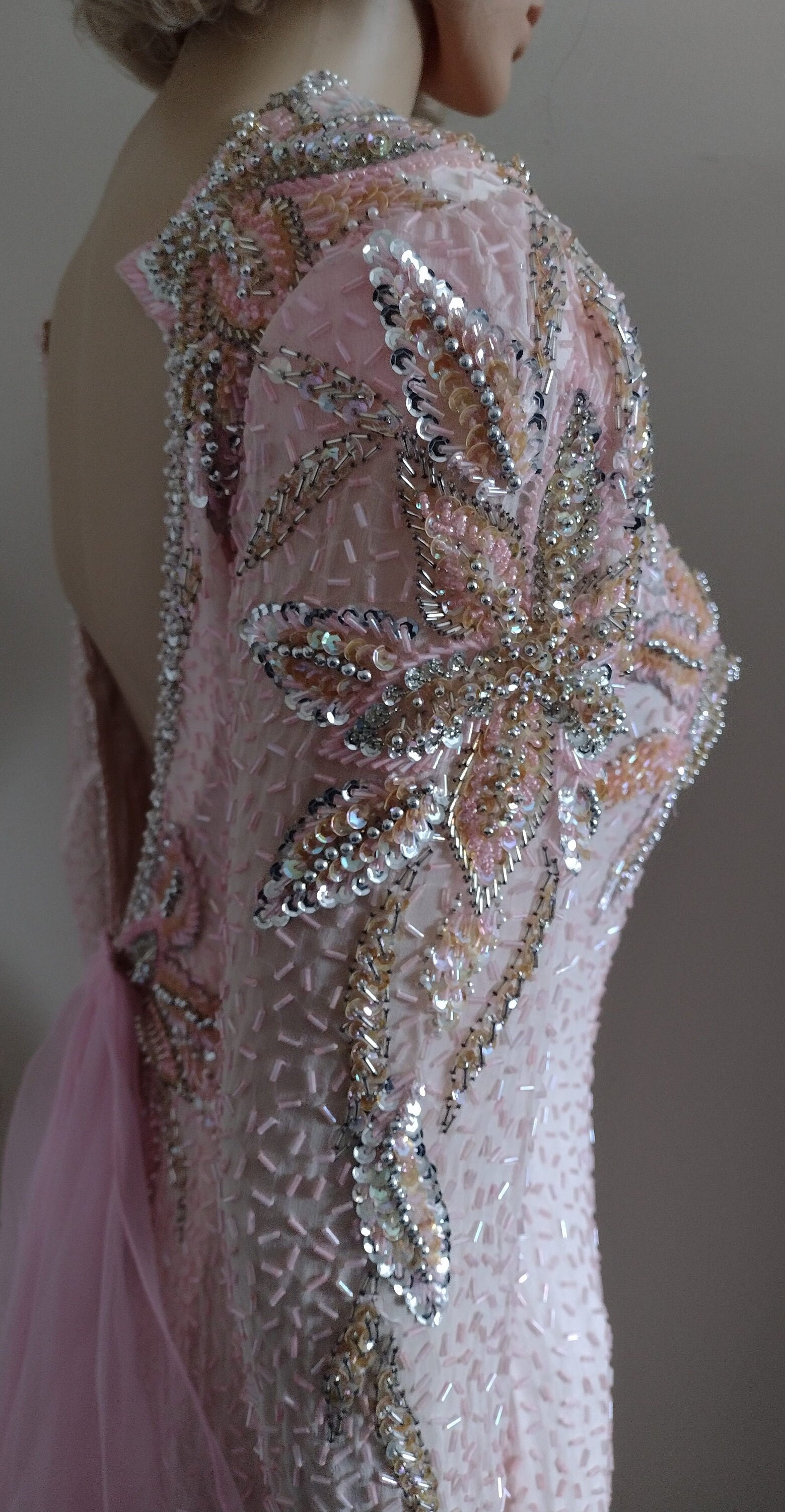 Pink Long Sleeve Fully Beaded Vintage Landa Gown With Detachable Train ...