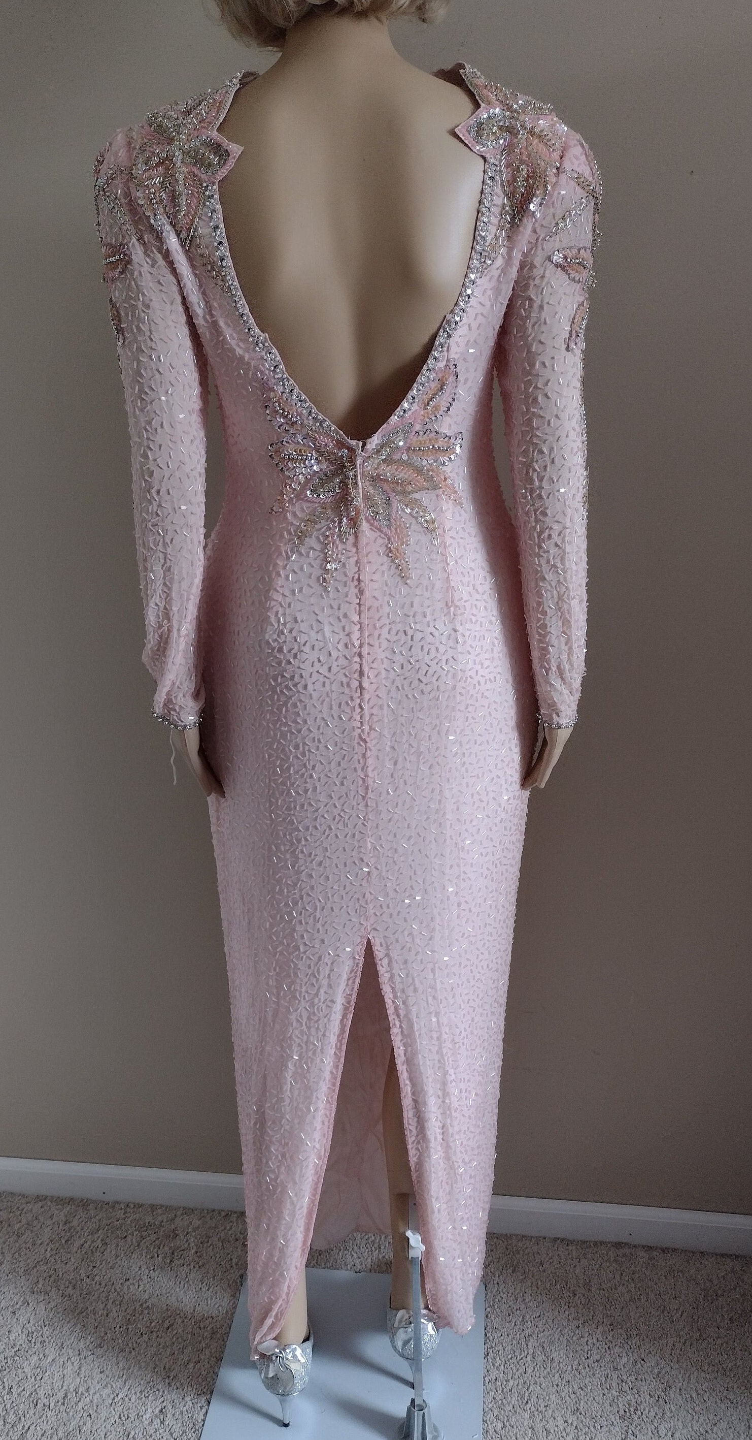 Pink Long Sleeve Fully Beaded Vintage Landa Gown With Detachable Train ...