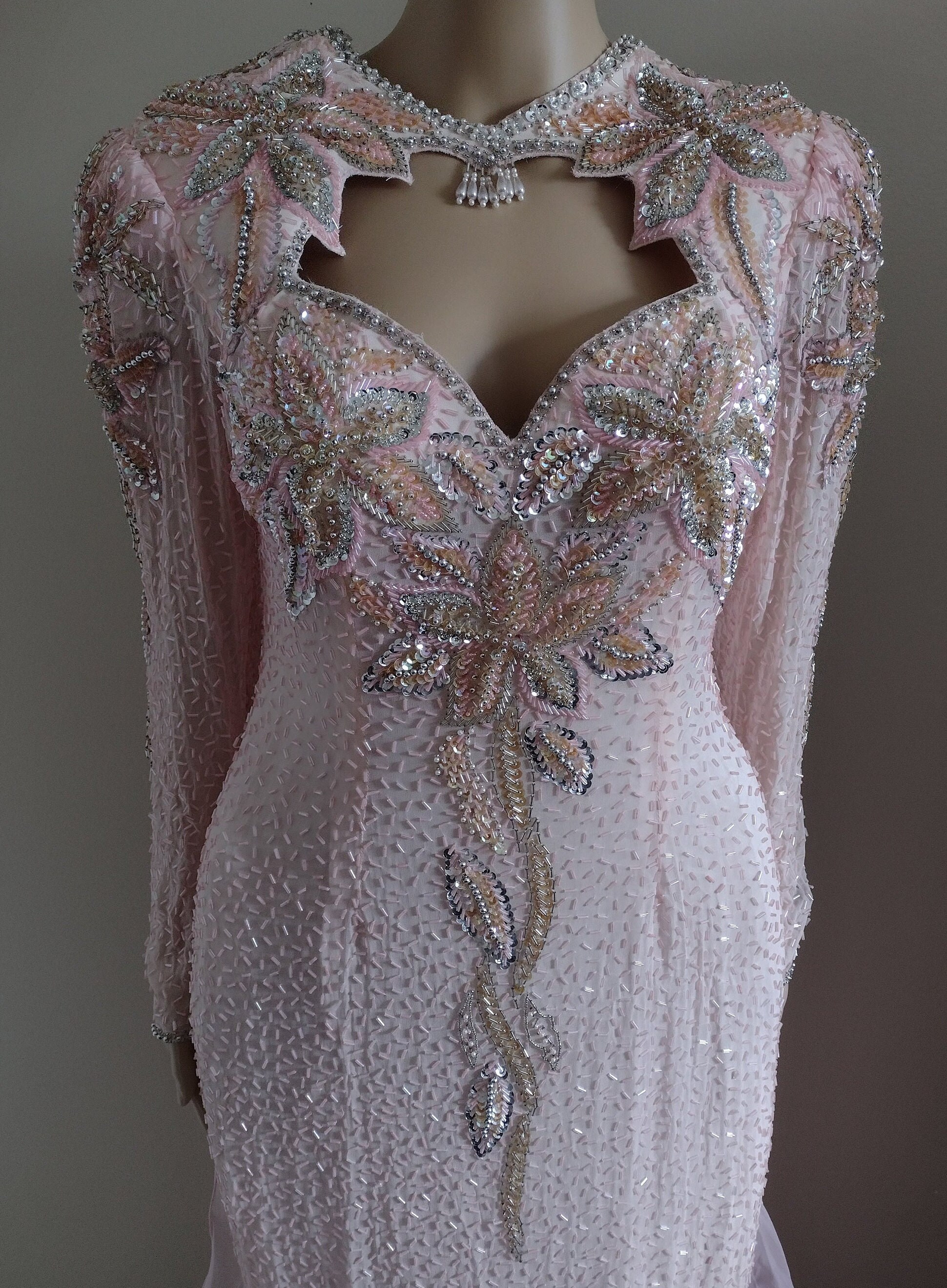 Pink Long Sleeve Fully Beaded Vintage Landa Gown With Detachable Train ...