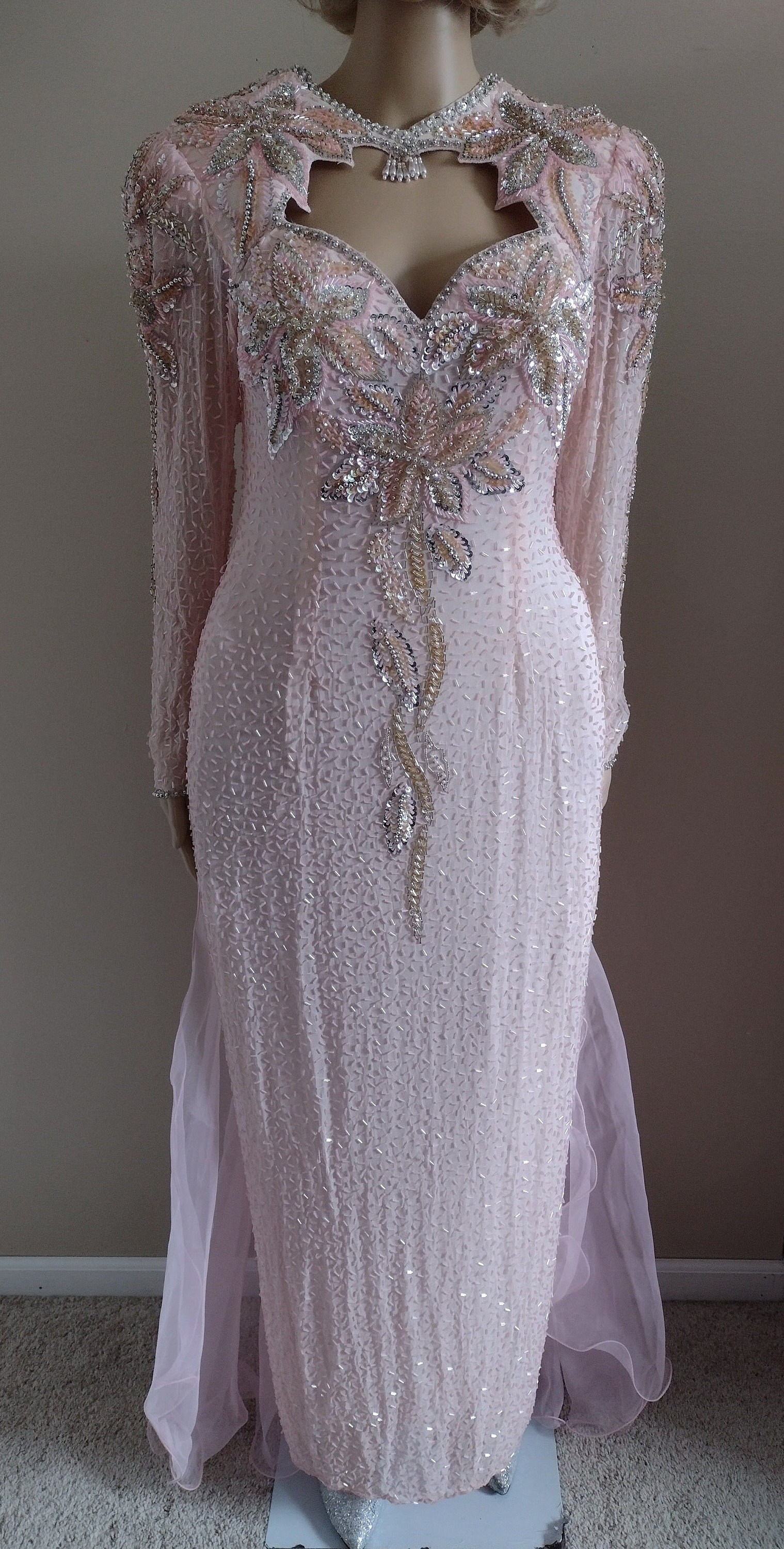 Pink Long Sleeve Fully Beaded Vintage Landa Gown With Detachable Train ...