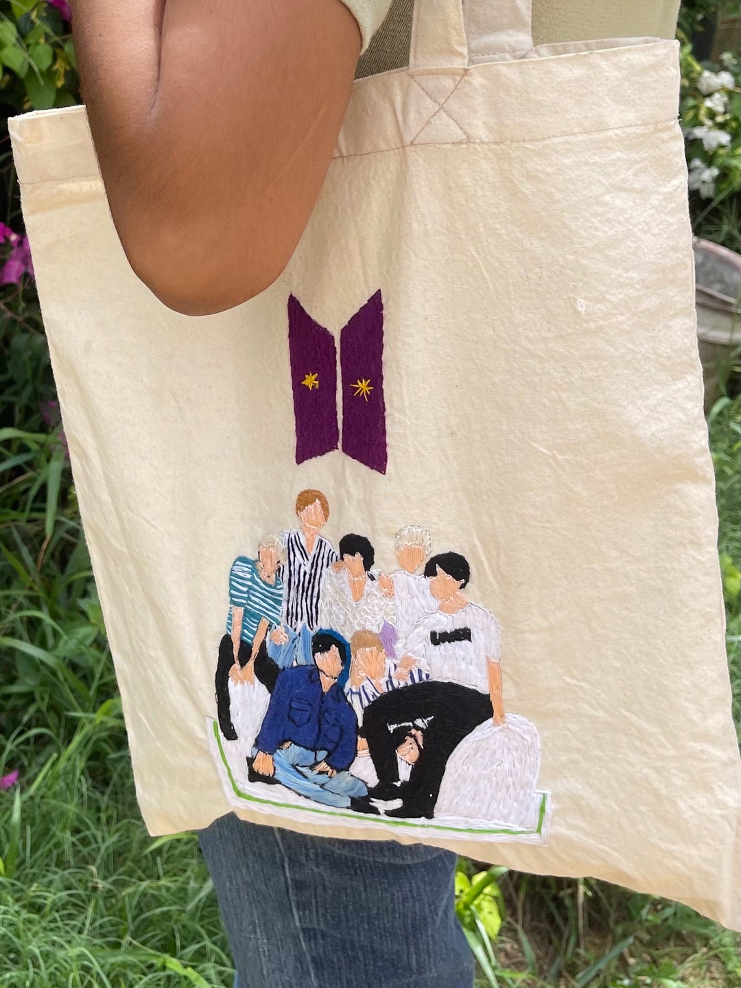 BTS Tote Bag Hand Embroidered Tote BTS OT7 Tote - Etsy