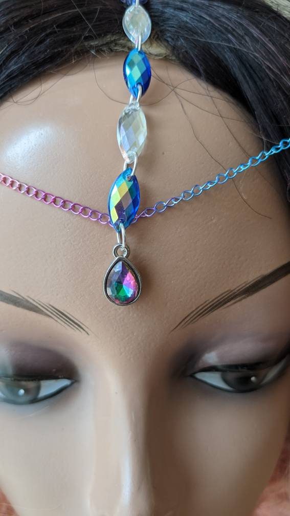 Rainbow Head Chain Blue Hair Jewelry Forehead Drop Dainty Chain ...