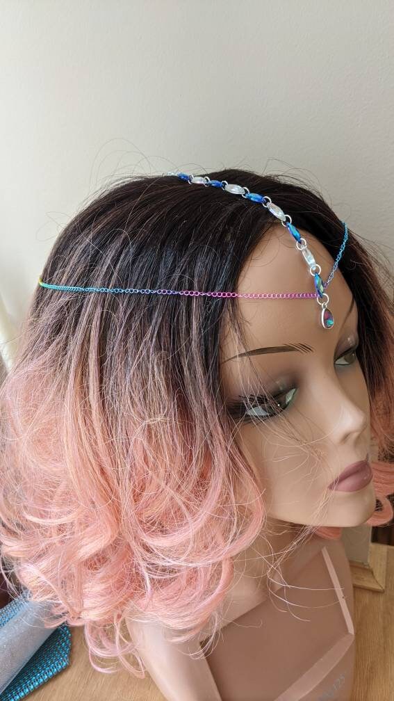 Rainbow Head Chain Blue Hair Jewelry Forehead Drop Dainty Chain ...