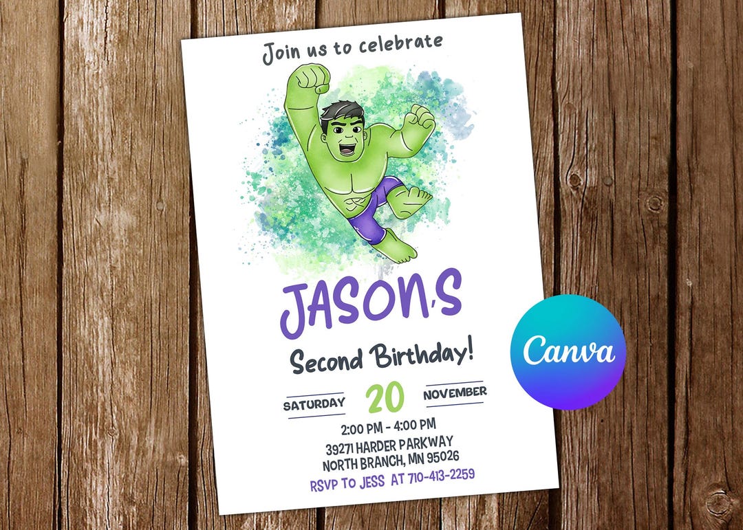 Cute Hulk Invitation, Editable Canva Template, Watercolor Superhero ...