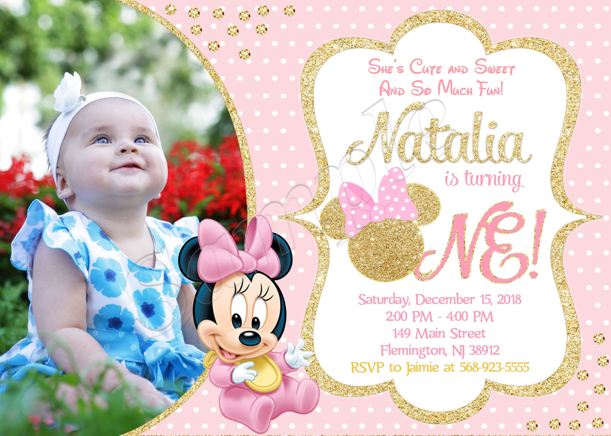 Baby Minnie Mouse First Birthday Invitation Baby Minnie Mouse - Etsy