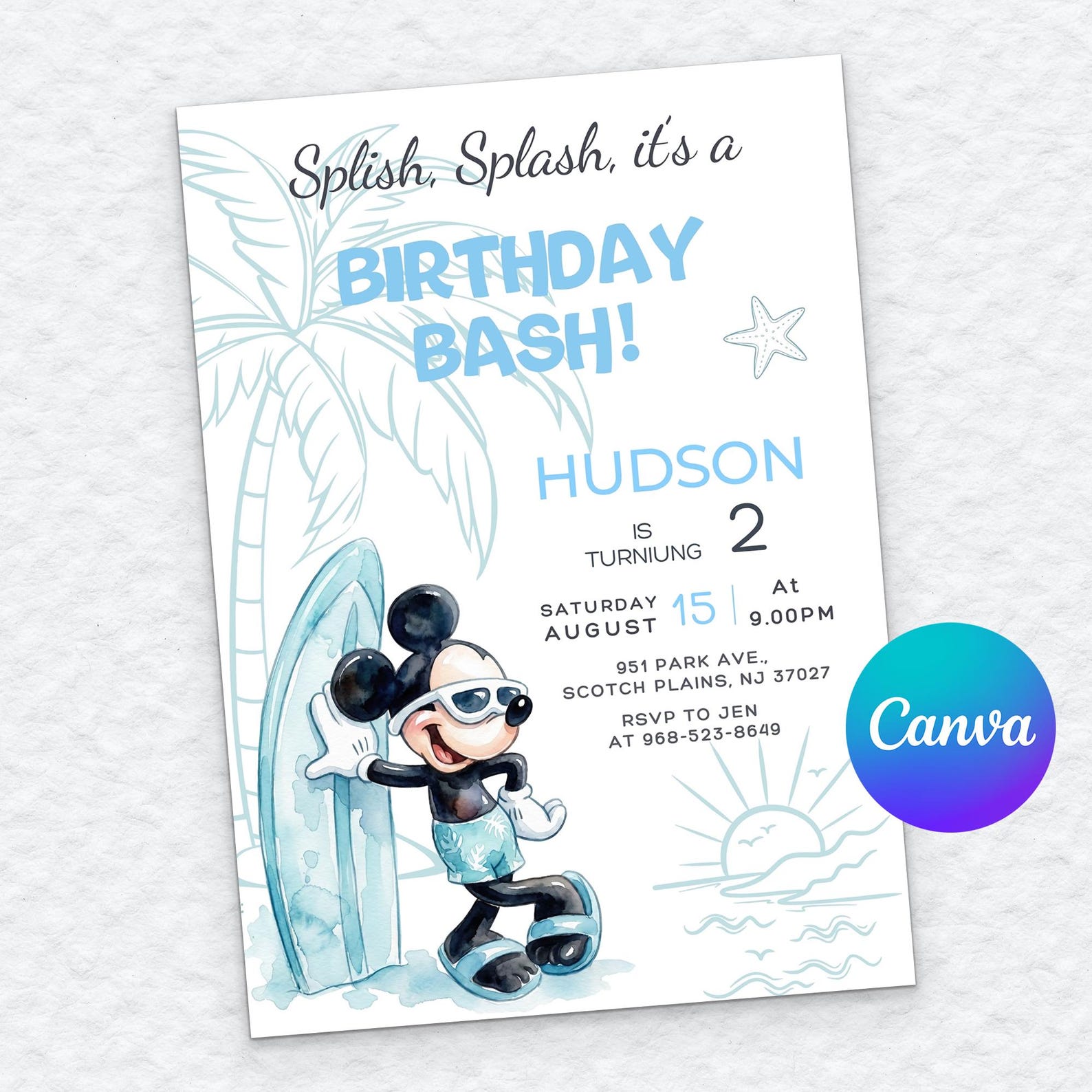 Mickey Invitation, Editable Canva Template, Watercolor 2nd Birthday Boy ...
