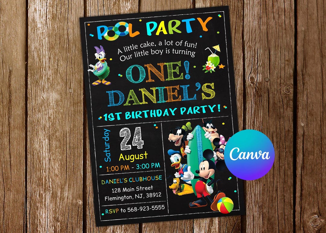 Mickey Mouse Pool Party Invitation Mickey Mouse Birthday Invitation ...