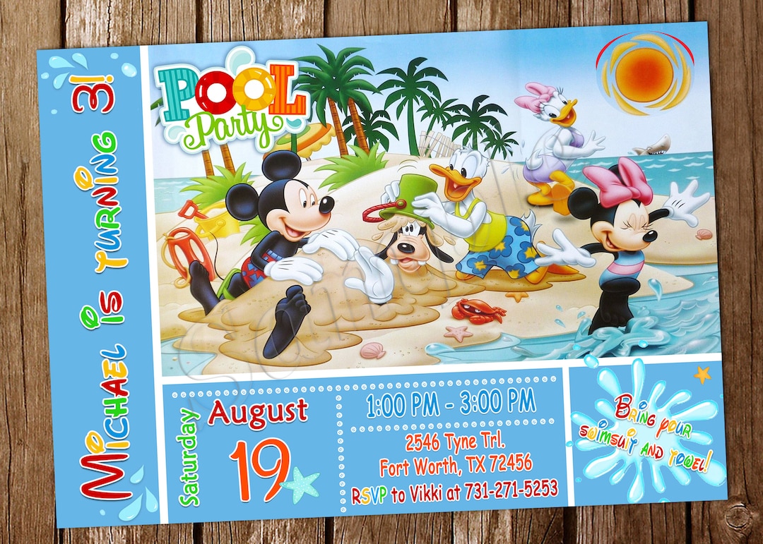 Mickey Mouse Pool Party Invitation Mickey Mouse Invitation Pool Party ...