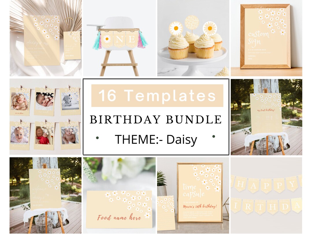 EDITABLE Daisy First Birthday Invitation Bundle, Daisy Birthday Party ...