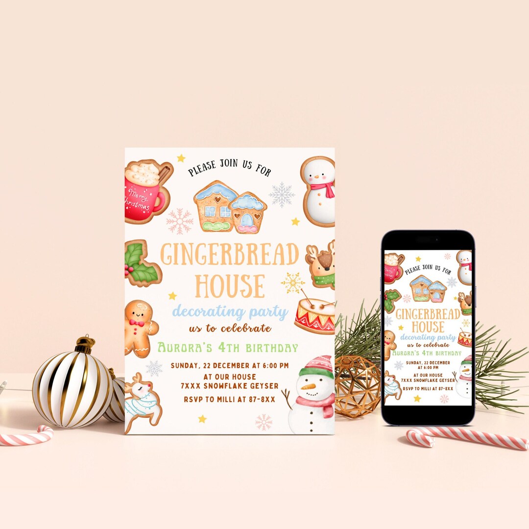 Editable Gingerbread House Christmas Birthday Invitation, Holiday ...