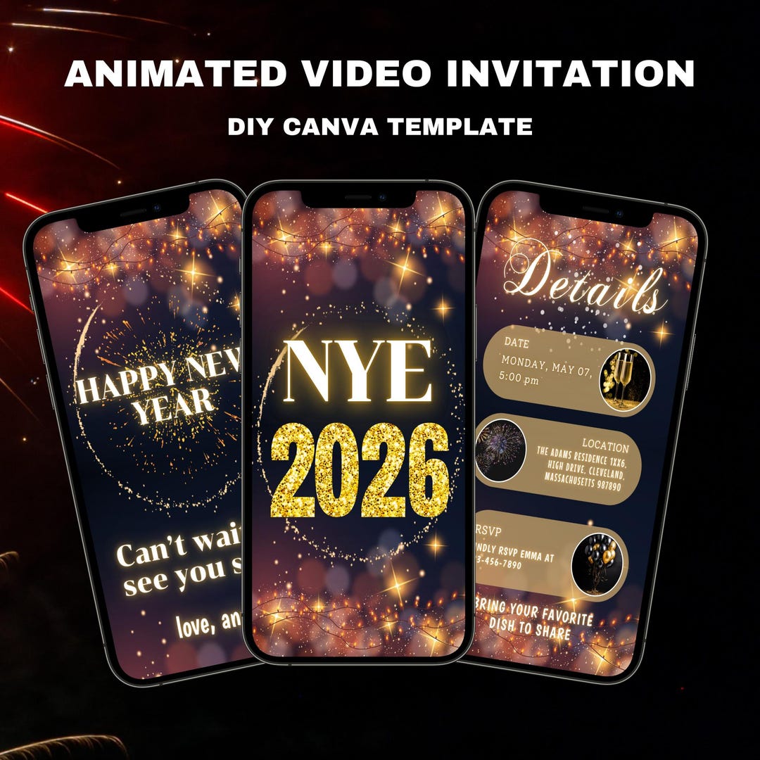 Editable Animated New Year's Eve Party Invitation, Gold Sparkles (canva ...