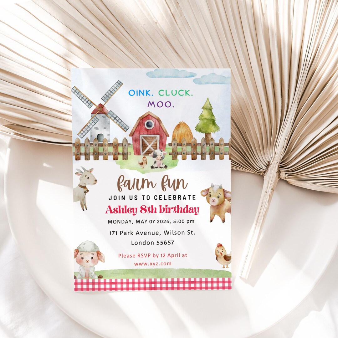 EDITABLE Farm Birthday Invitation, Barn Animals Party Invite Template ...