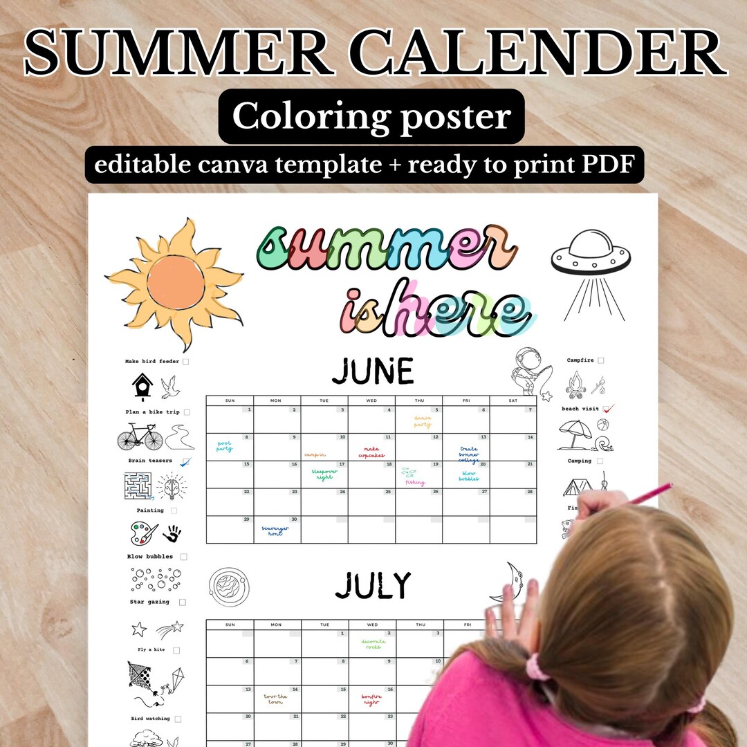 Summer Calendar Poster 2025, Monthly Calendar, 2025 Planner, Summer ...