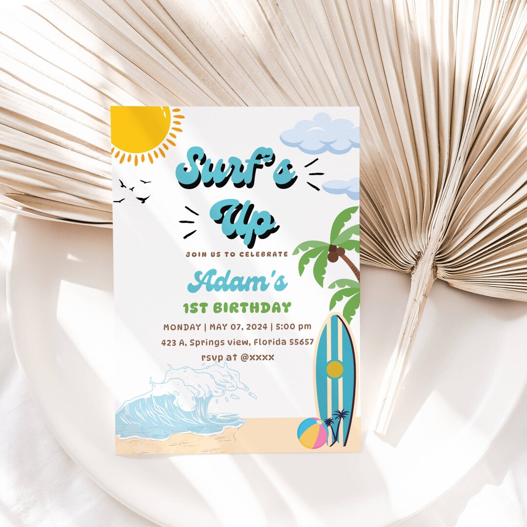 EDITABLE Boy Surf's up Big One Surfing Birthday Party Invitation ...