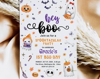 EDITABLE Halloween Ghost Birthday Invitation Hey Boo Girly Cute Ghost ...