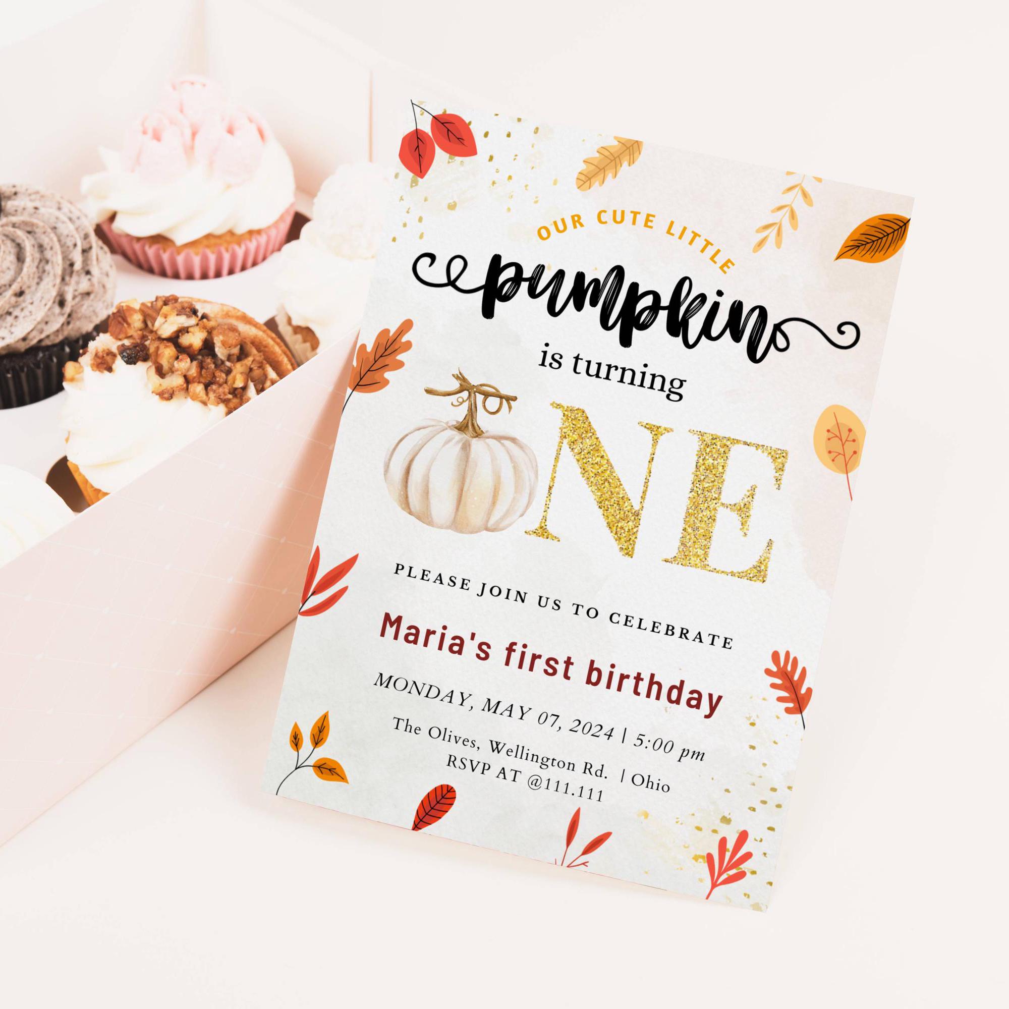 EDITABLE Pumpkin 1st Birthday Invitation, Floral White and Gold Pumpkin ...
