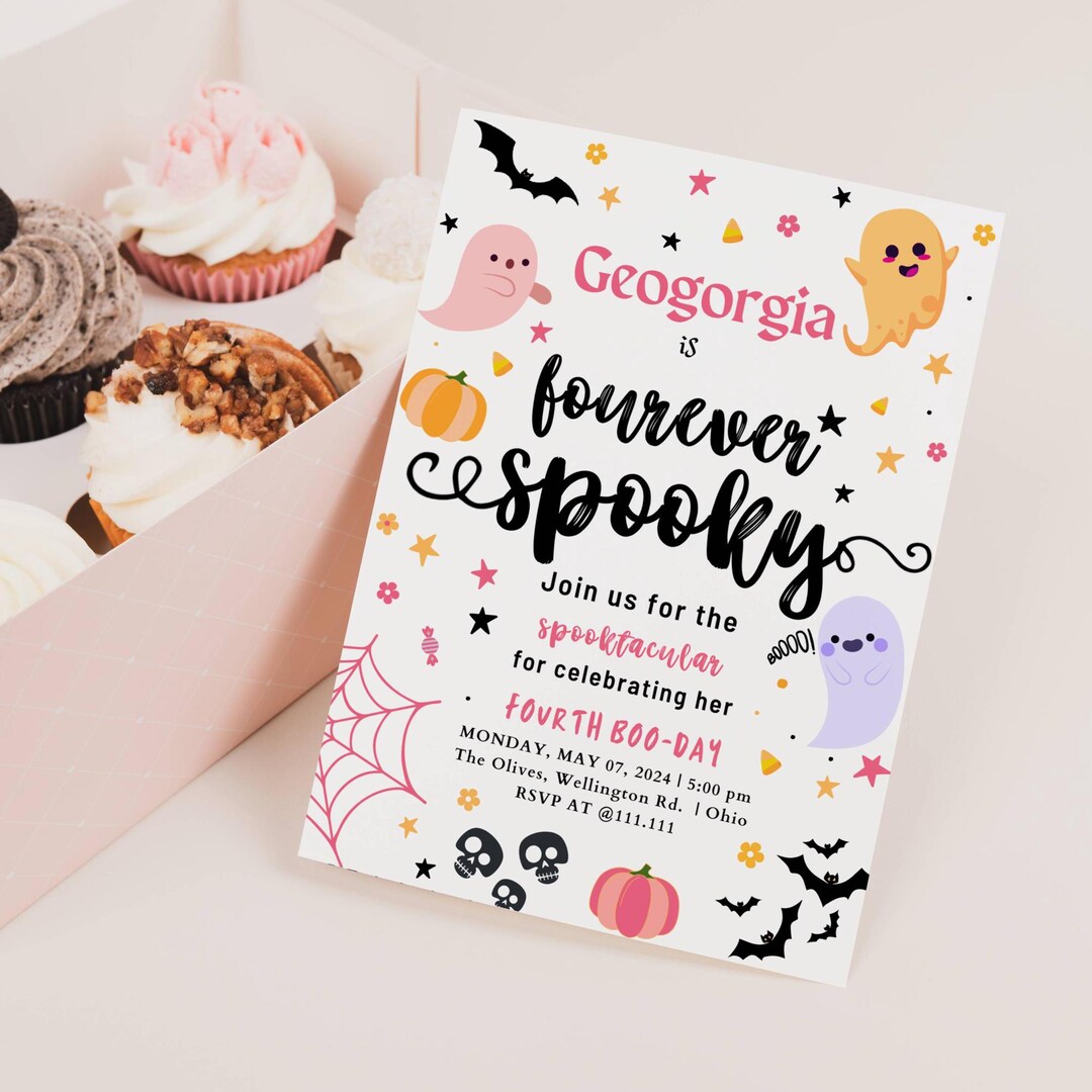 EDITABLE Four Ever Spooky Halloween Ghost 4th Birthday Party Invitation ...