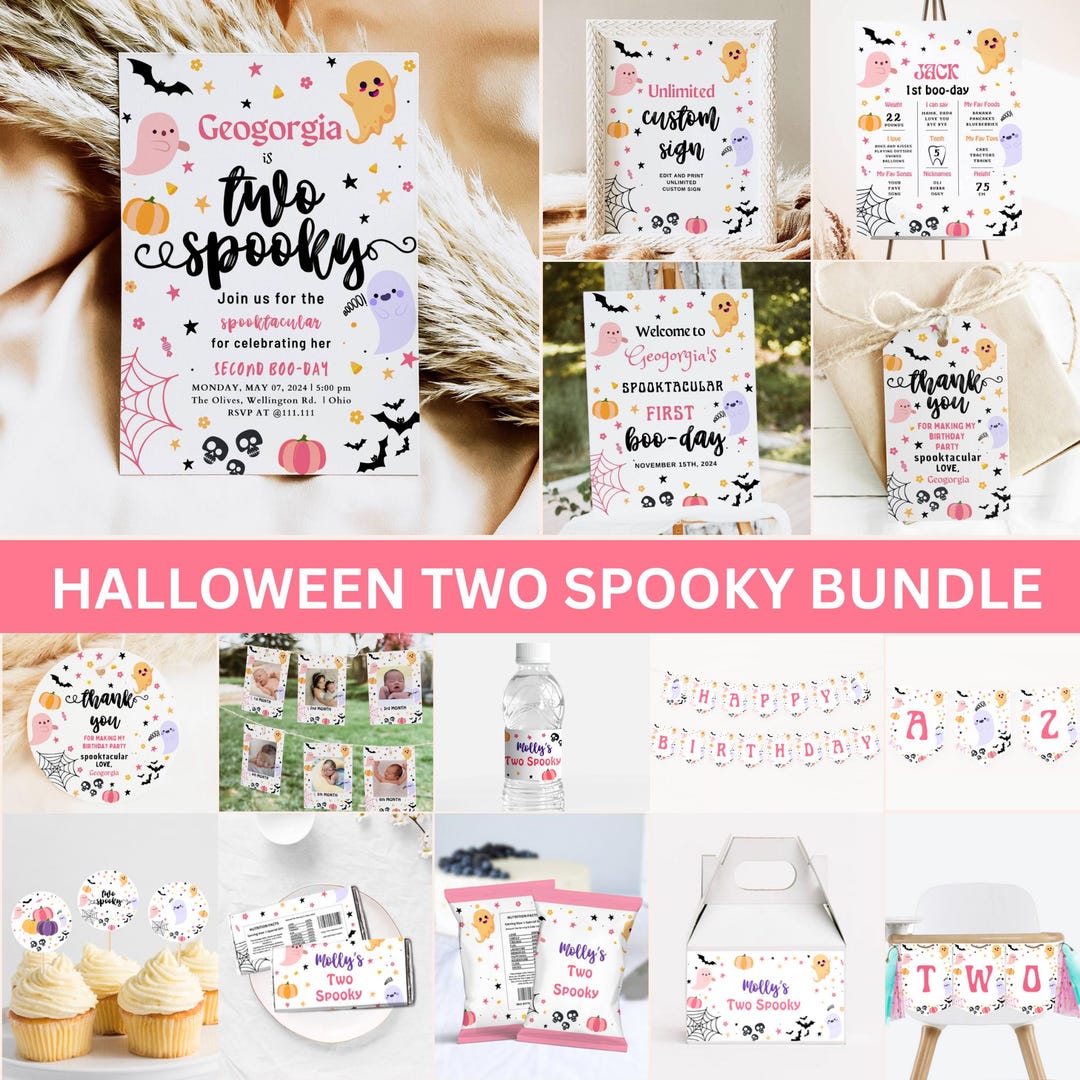 EDITABLE Two Spooky 2nd Birthday Party Invitation Bundle Pink Halloween ...