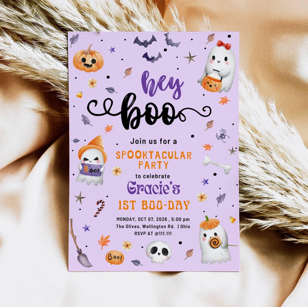 EDITABLE Halloween Ghost Birthday Invitation Hey Boo Girly Cute Ghost ...