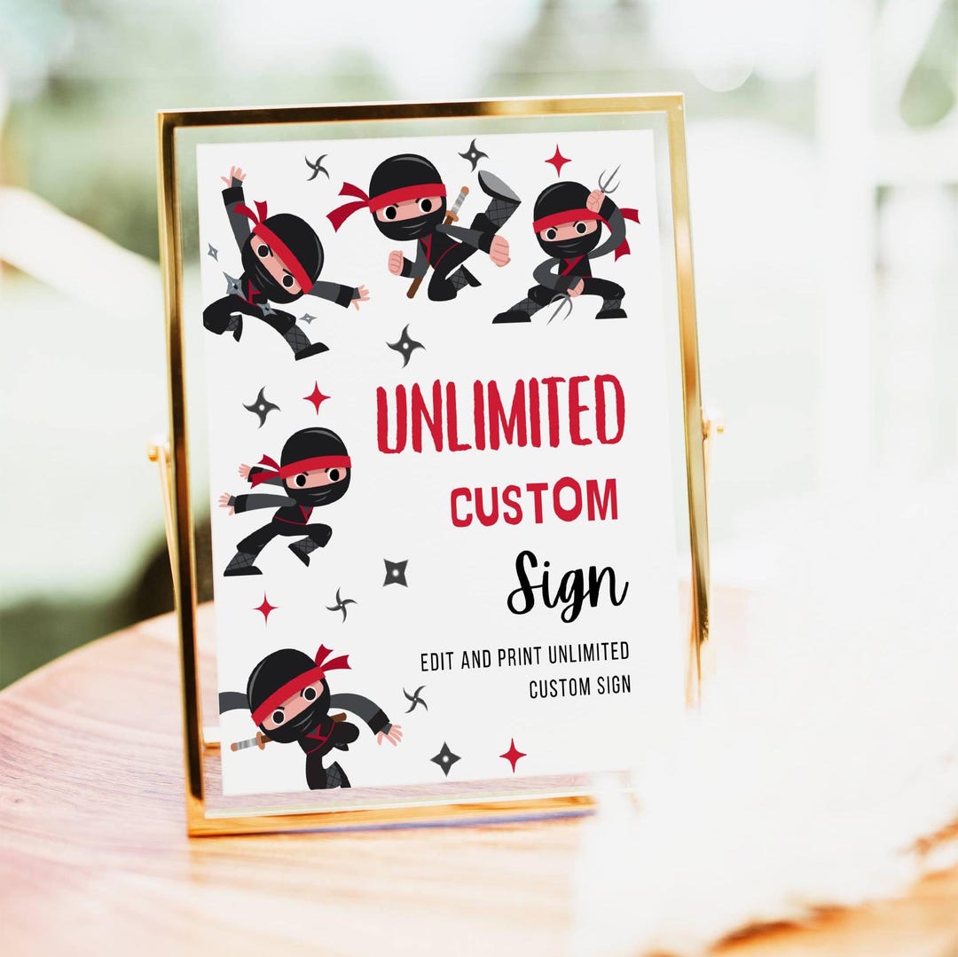 EDITABLE Ninja Birthday Unlimited Custom Sign, Ninja Warrior Party Sign ...