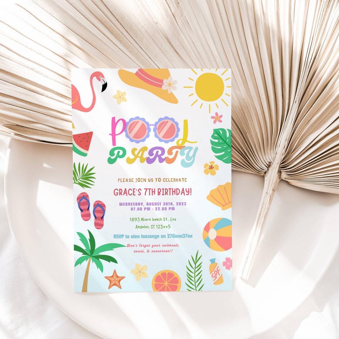 EDITABLE Pool Party Invitation Tropical Splish Splash Girly Pool Party ...