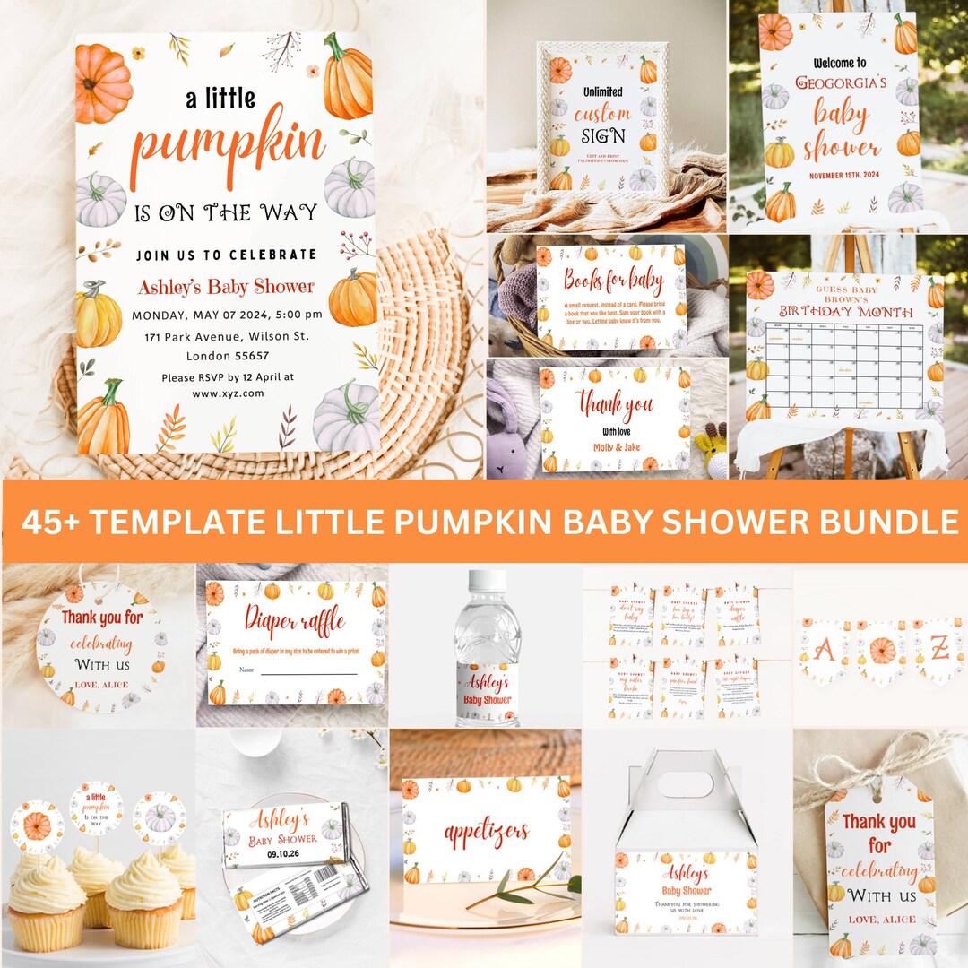 EDITABLE Little Pumpkin Baby Shower Bundle, Fall Pumpkin Baby Shower ...