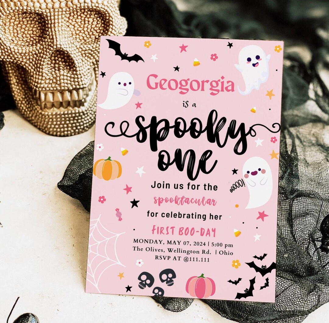 EDITABLE Spooky One Halloween Birthday Invitation Pink Halloween Cute ...