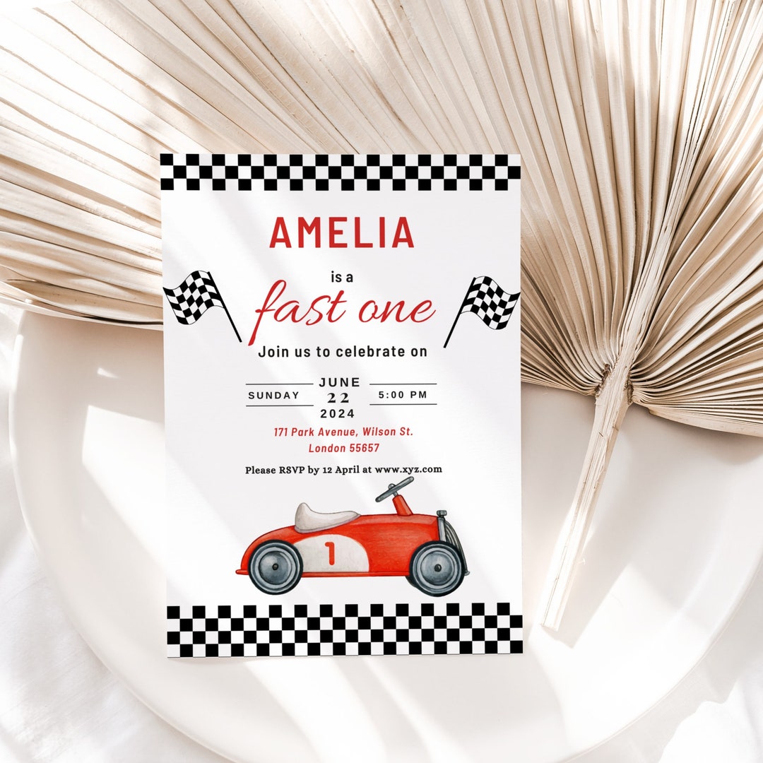 Editable Fast One Racing Car First Birthday Invitation 1st Birthday ...